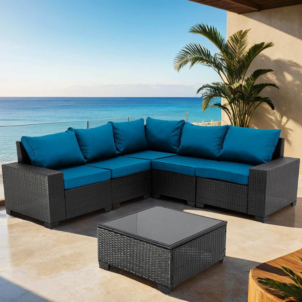 Cesicia 6-Pieces Black Wicker Outdoor Sectional Set with Peacock Blue ...