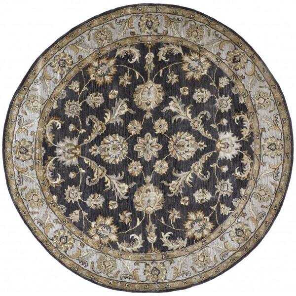 HomeRoots 10 ft. Round Gray, Ivory Floral Area Rug 2000511270 - The ...