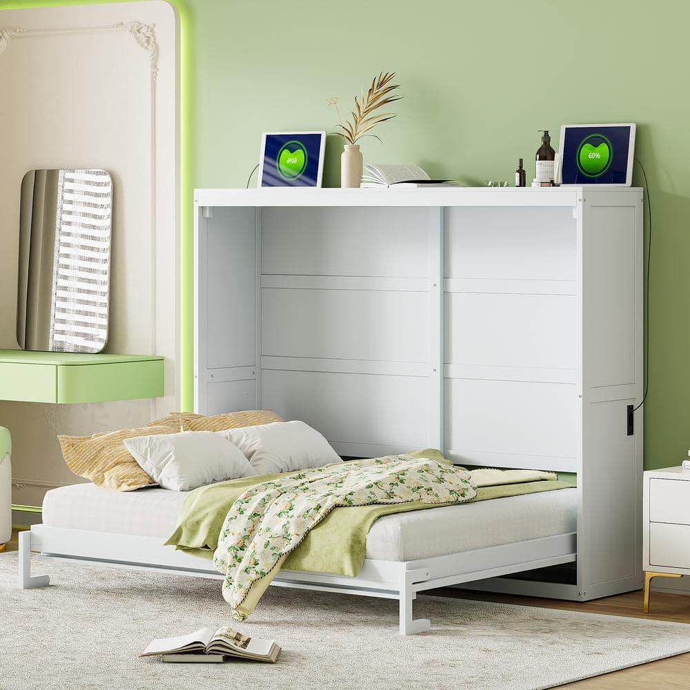 Qualler White Wood Frame Queen Size Murphy Bed with Rattan Design ...