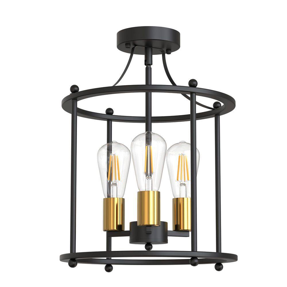 YANSUN 13 in. 3-Light Black and Gold Farmhouse Semi Flush Mount Ceiling ...
