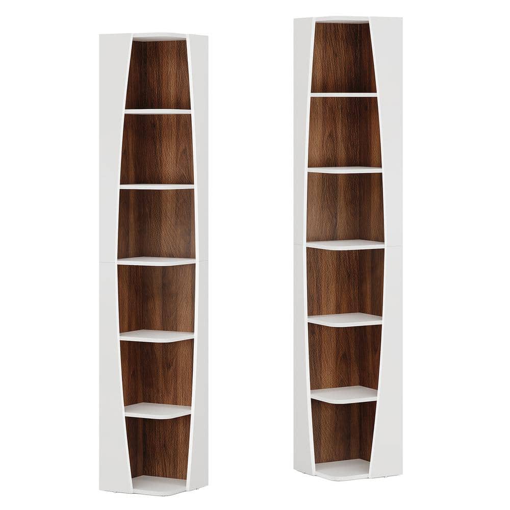 BYBLIGHT Eulas 70.87 in. Tall White & Walnut Wood 6-Shelf Corner ...