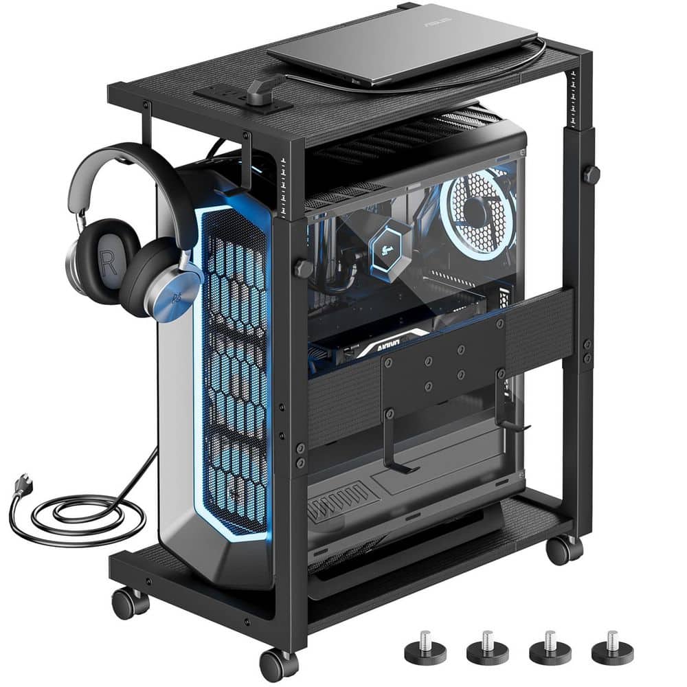 OBJLGEV Adjustable Computer Tower Stand with Charging Station & Wheels ...