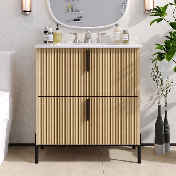 FORCLOVER 30 in. Natural Bath Vanity with White Ceramic Top,Full ...
