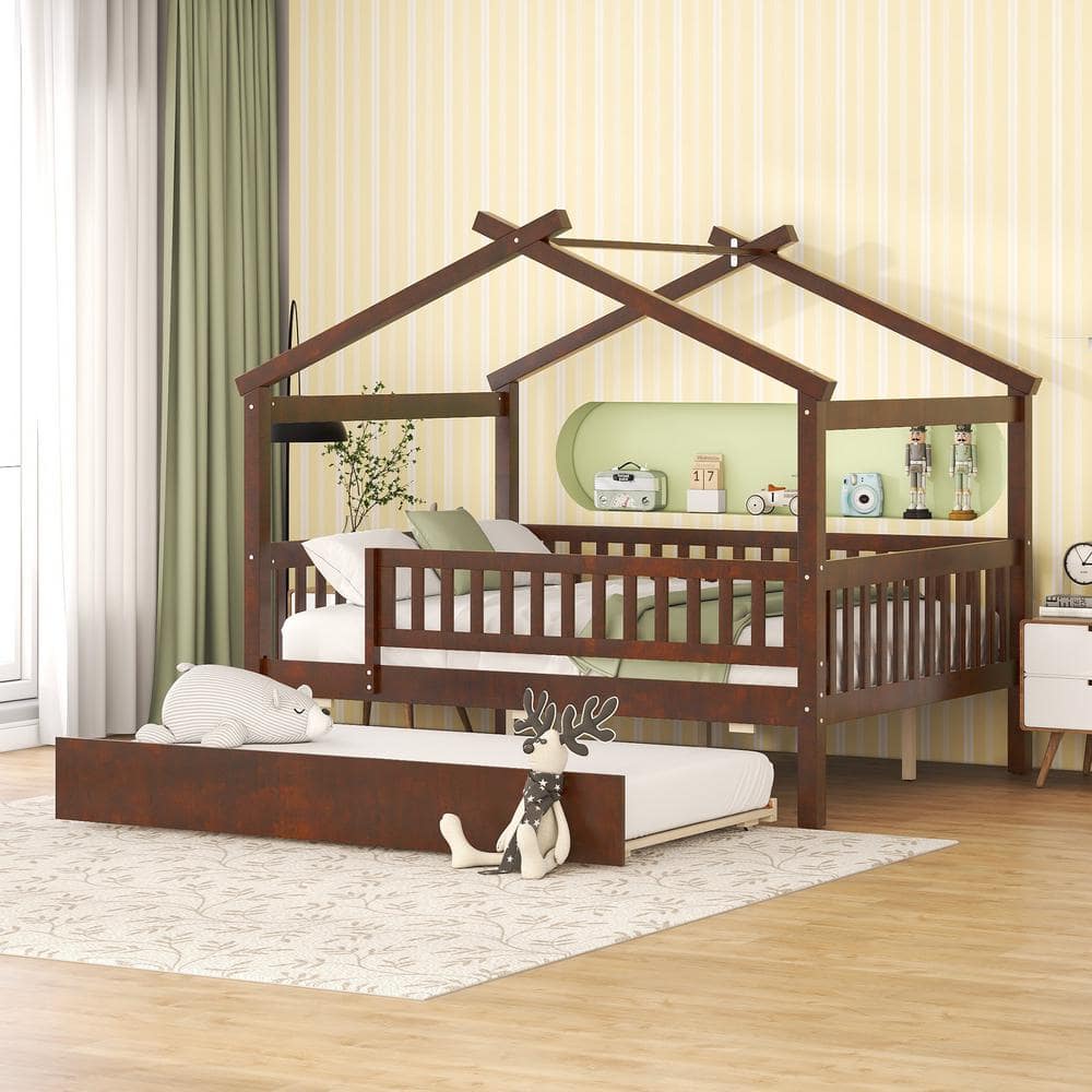 Harper & Bright Designs Walnut Full Size Wood House-Shaped Bed with ...