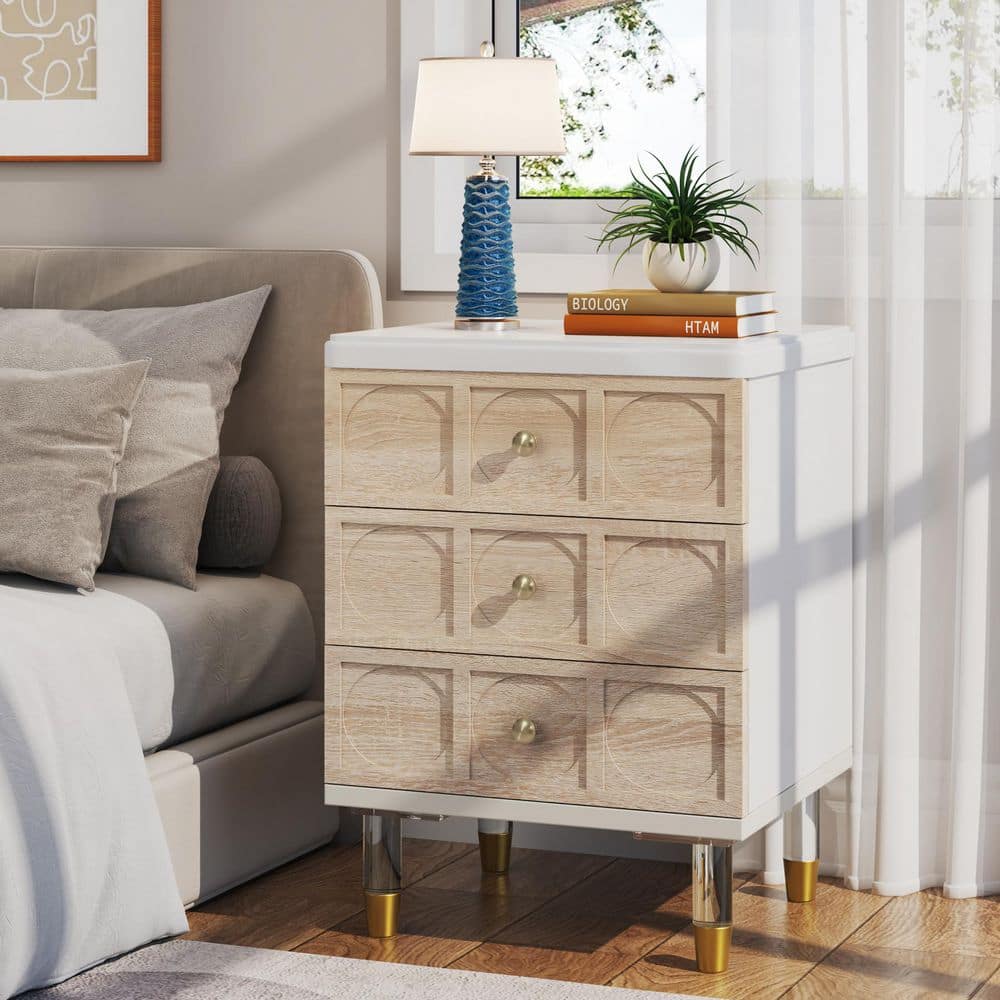 BYBLIGHT Fenley Light Brown&White 3-Drawer Nightstand Bedside Table ...