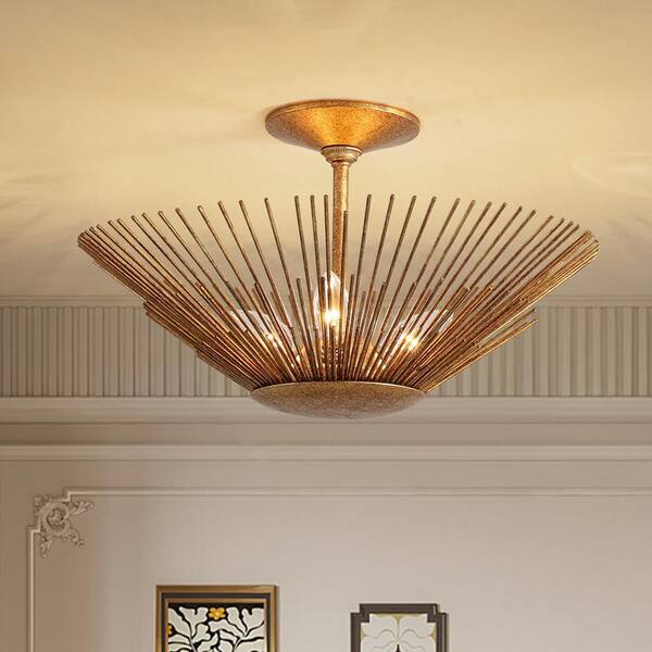 HUOKU Dopul 3-Light 17 in.W Distressed Gold Semi-Flush Mount Cone ...