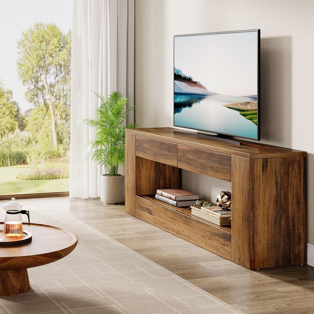 BYBLIGHT Ezlynn Brown Long TV Stand, Entertainment Center with LED ...