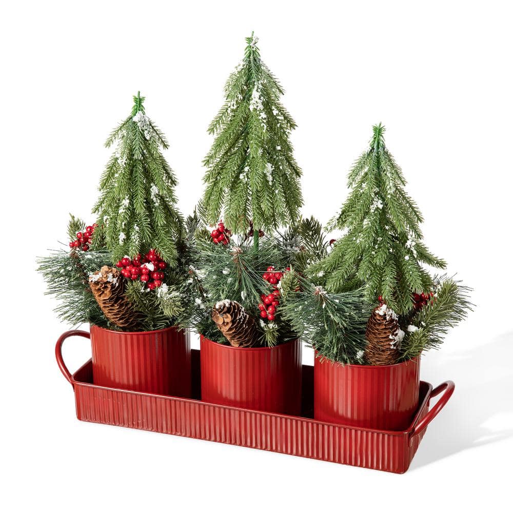 Glitzhome 21 in. L Christmas Metal Potted Triple Trees Centerpiece or ...