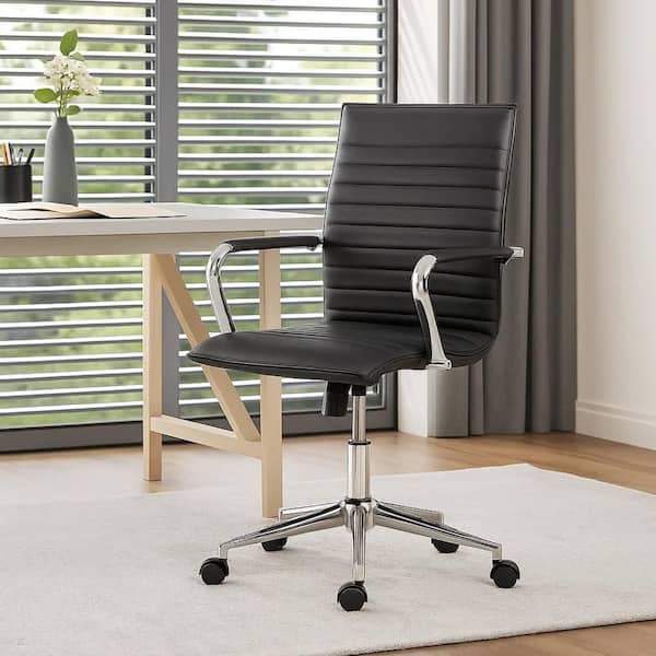 Benjara Kenny Vinyl Rolling Task Chair in Black and Chrome Arms ...