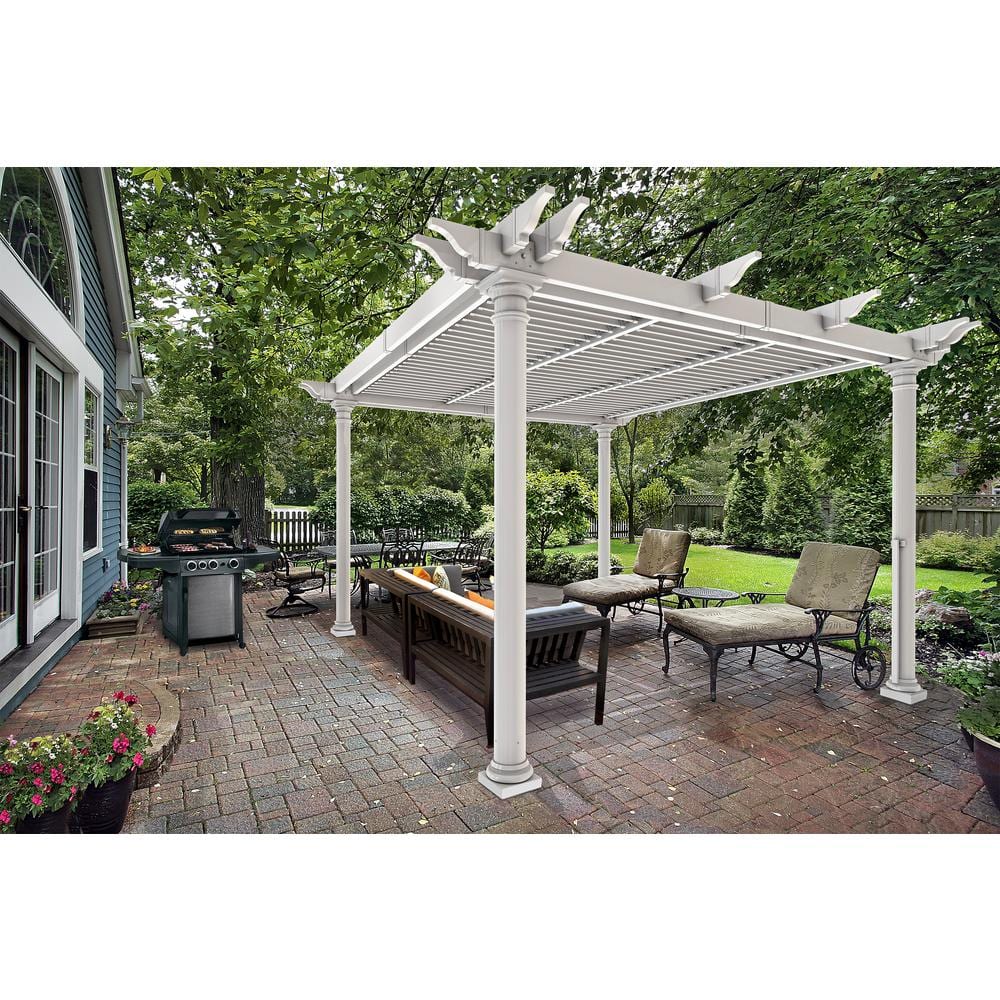 VITA 121"L x 121"W x 96"H Preston Round-Post Louvered Pergola, White ...