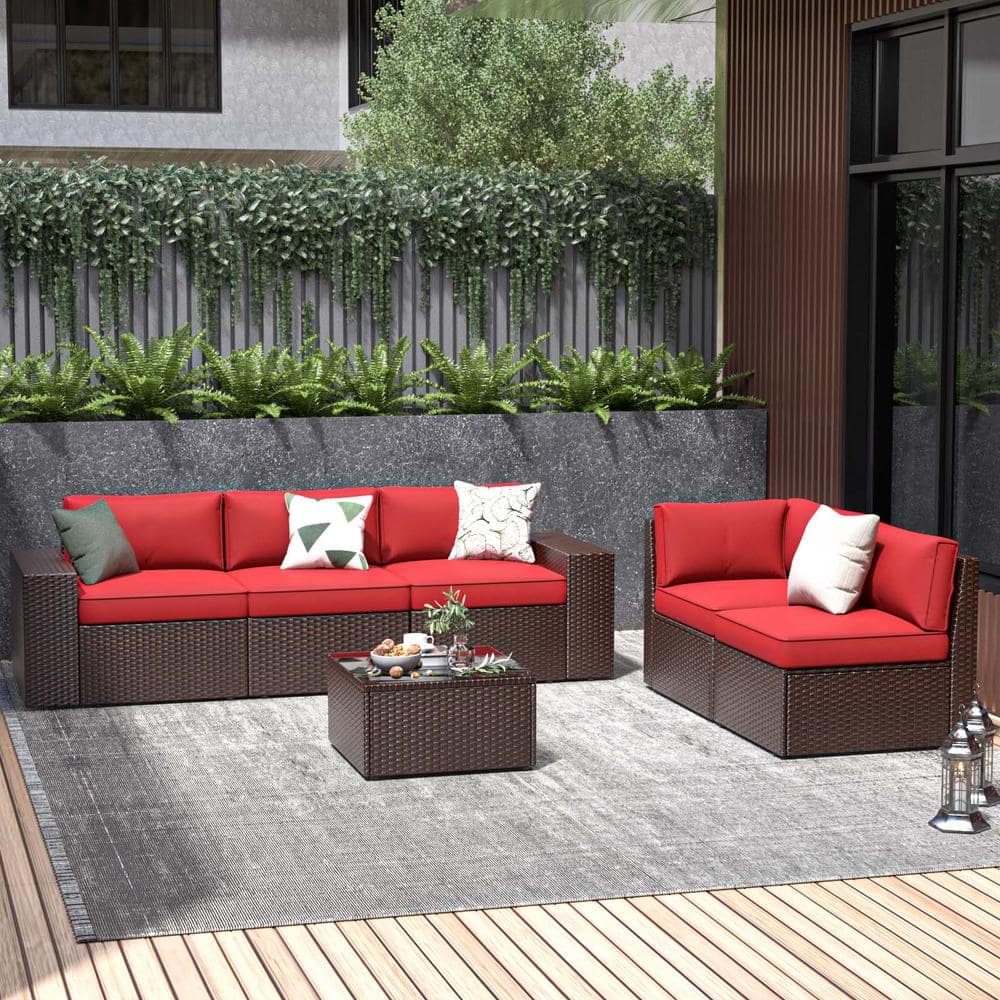 Sizzim 6-Piece Rattan Wicker Steel Patio Outdoor Sectional Set and ...