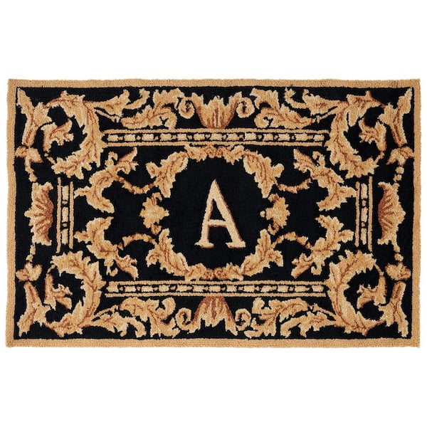 SAFAVIEH Monogram Black 3 ft. x 4 ft. "A" Ornate Leaf Indoor/Outdoor ...