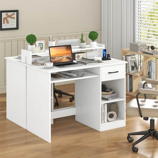 Costway 42 in. White Computer Desk with Charging Station Drawer ...
