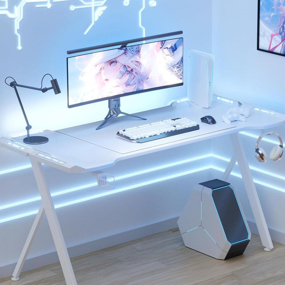 XRAMFY Modern 63 in. Square White Engineered Wood 0-Drawer Gaming Desk ...