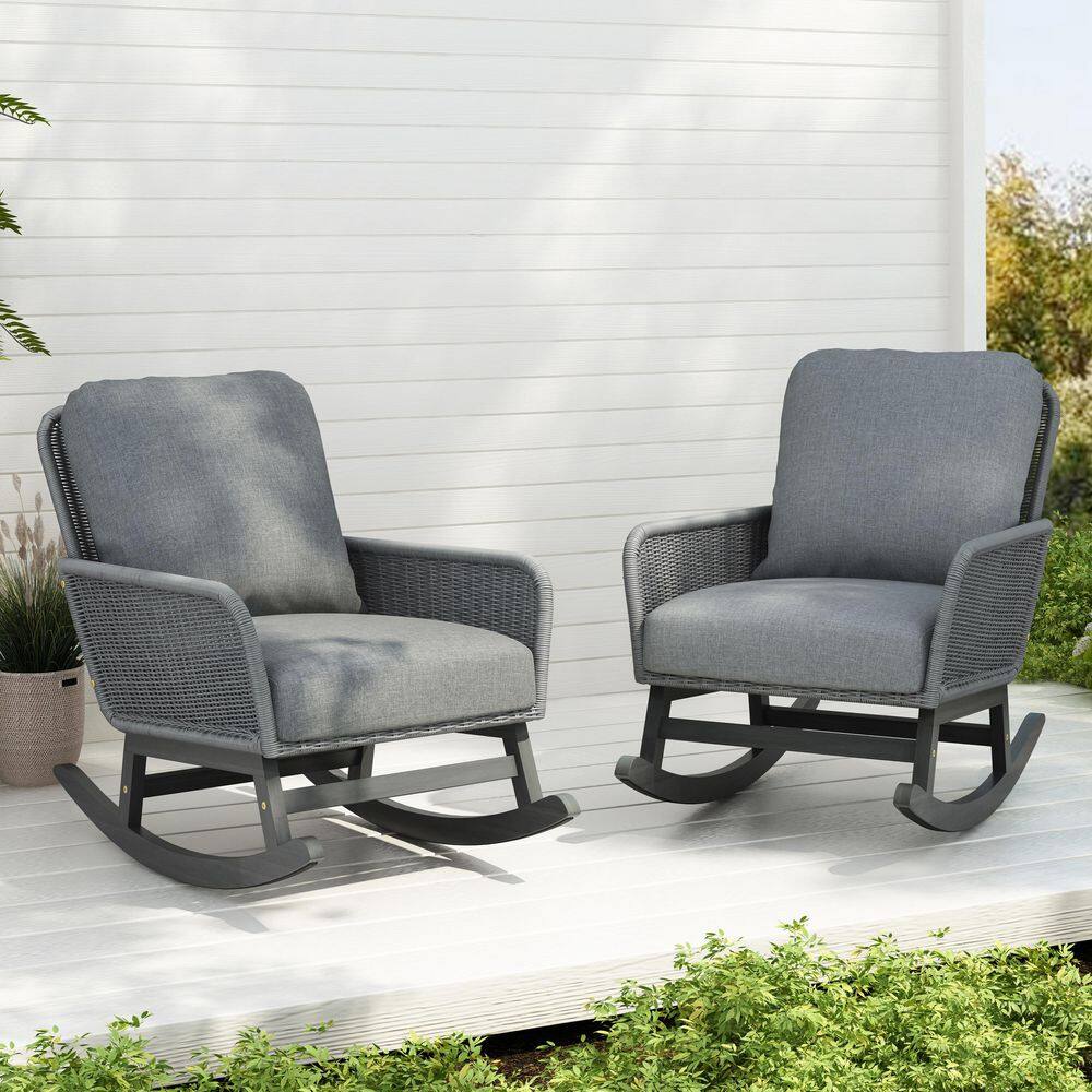 Modern Wicker Outdoor Rocking Chair, with Soft Gray Cushions Perfect ...