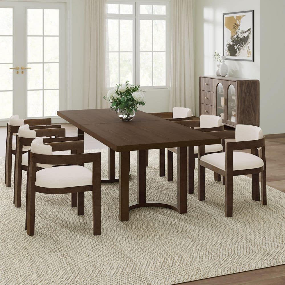 Harper & Bright Designs High-End Lines 7-Piece 95 in. Walnut Dining Sets with 6 Curved Beige ...