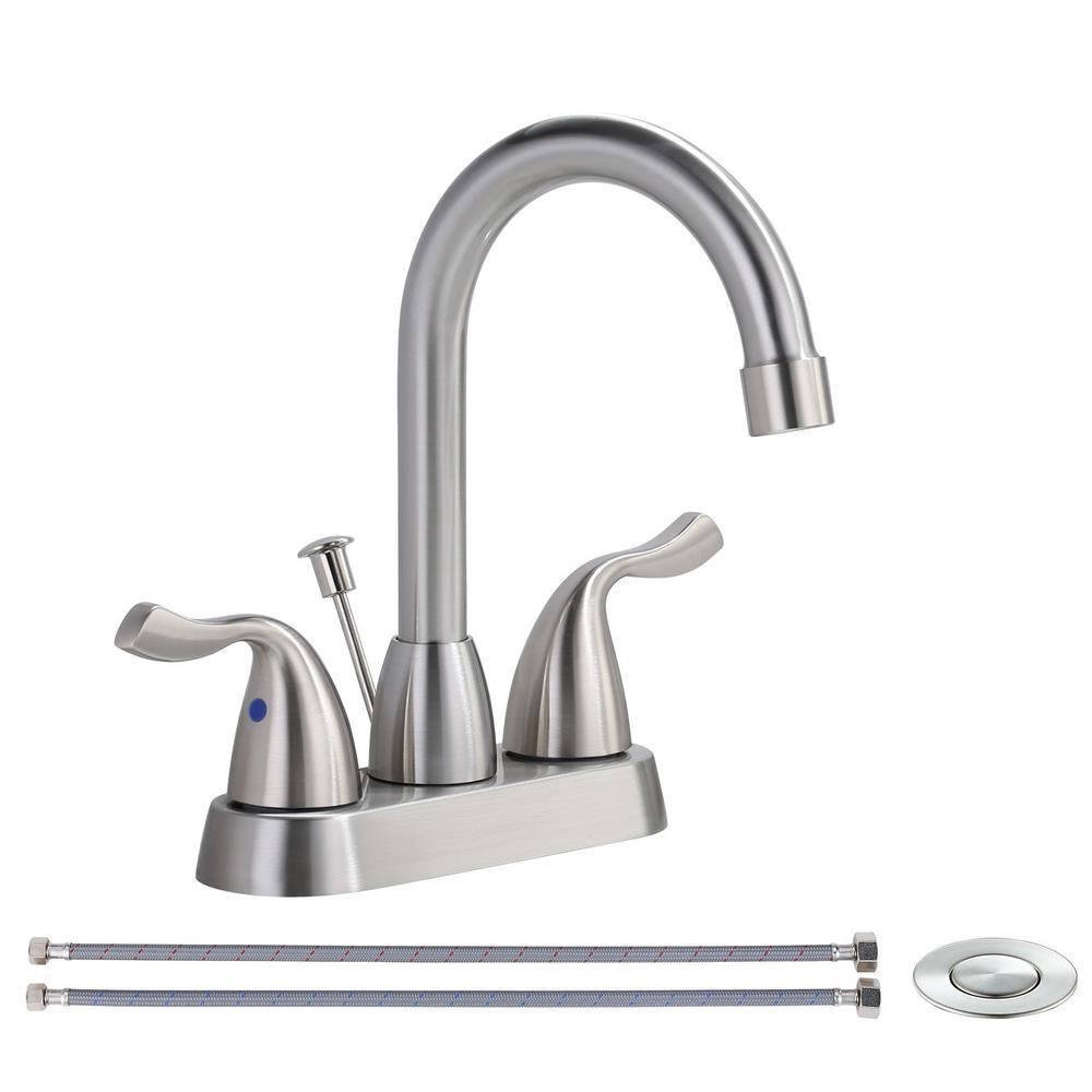 IVIGA 4 in. Centerset Double Handle High Arc Bathroom Faucet with Lift Rod Drain and Supply ...