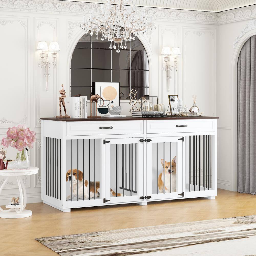 FUFU&GAGA 64.6 in. Large Dog House Furniture, Indoor Wooden Dog Crate Kennel with 2-Drawers and ...