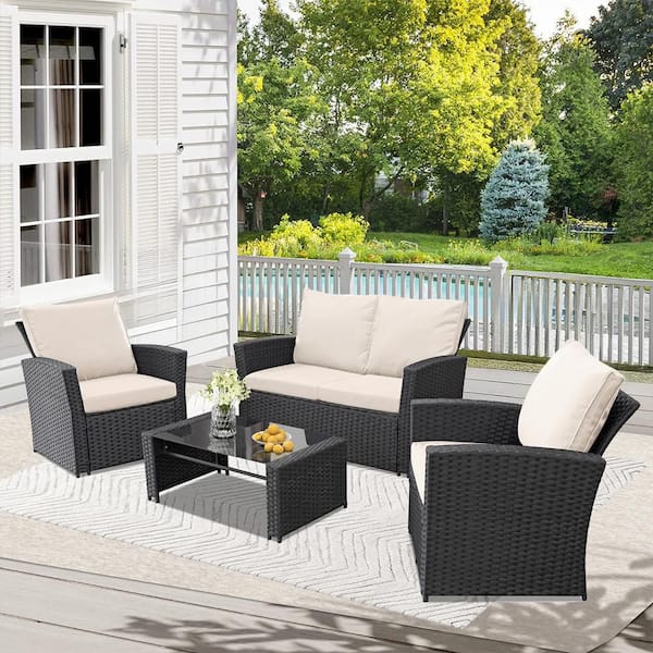 4-Piece Black Wicker Courtyard Patio Conversation Furniture Set with ...