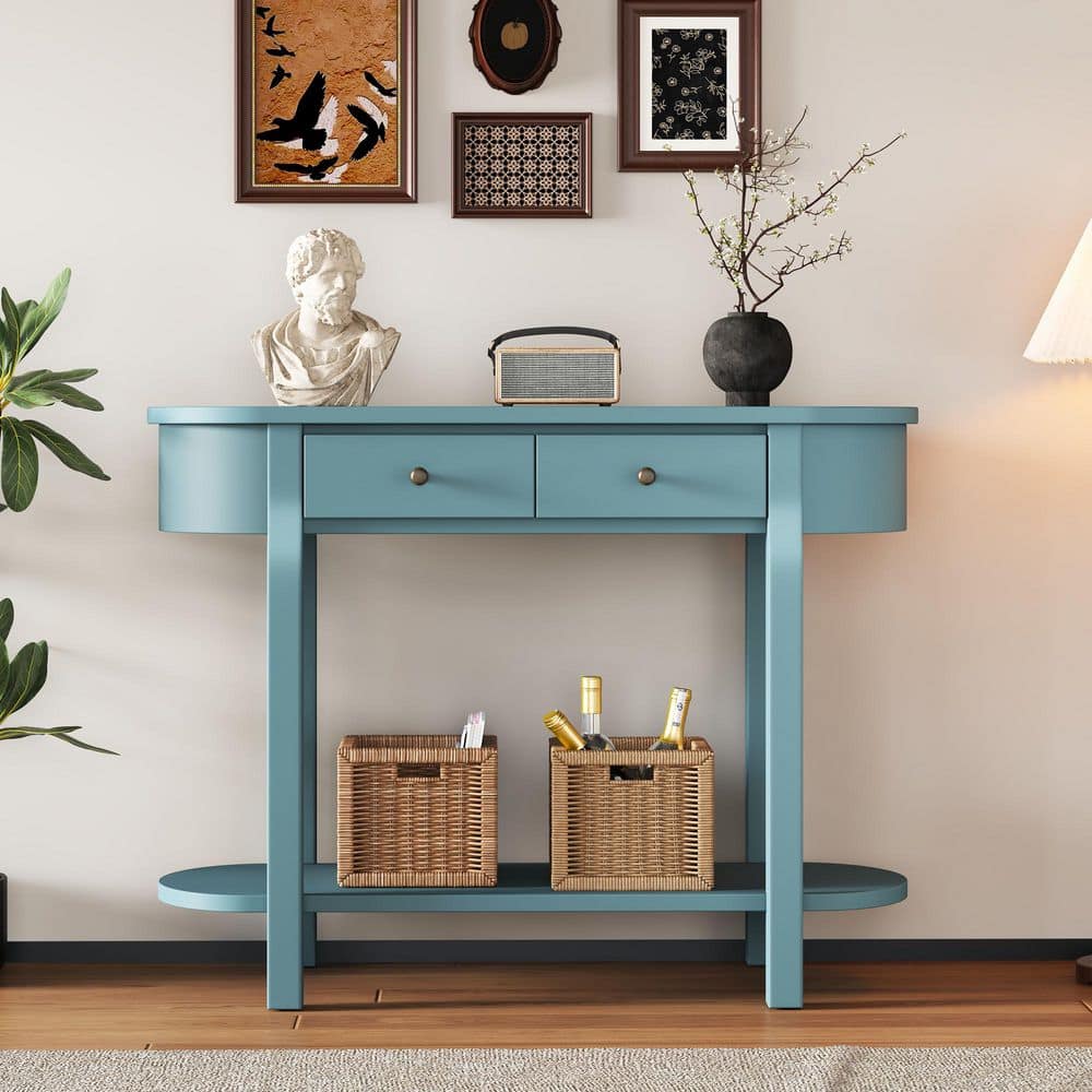 Qualler Elegant Retro 40 in. Turquoise Green Oval Wood Console Table ...
