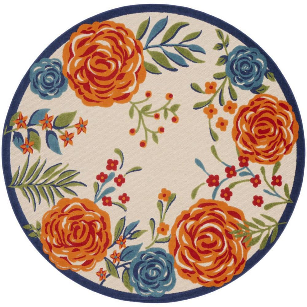 HomeRoots Ivory, Orange, Blue 8 ft. Round Loomed Floral Polypropylene ...