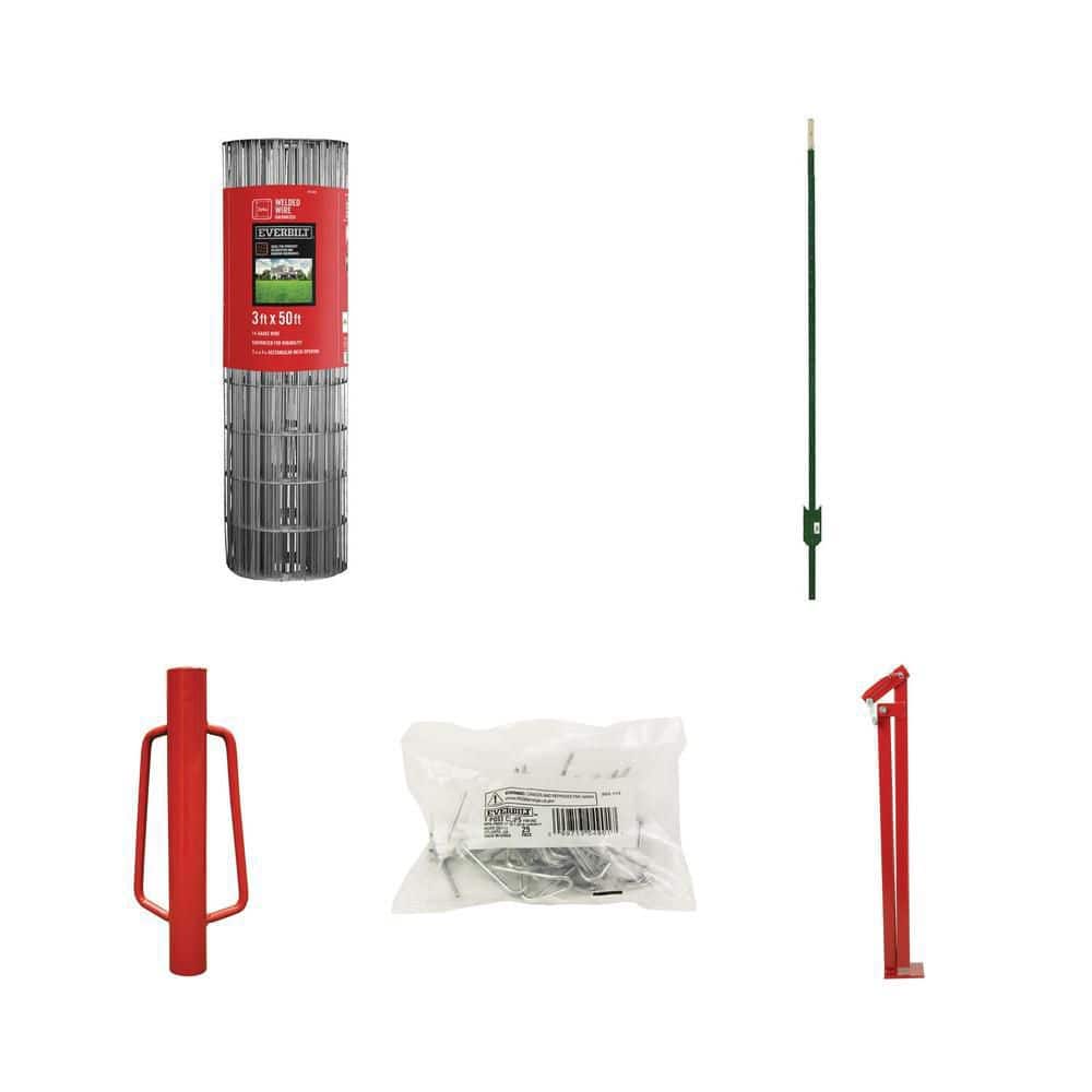 3 ft. x 50 ft. 14-Gauge Welded Wire, 5 ft. Green Steel T-Post, Post ...