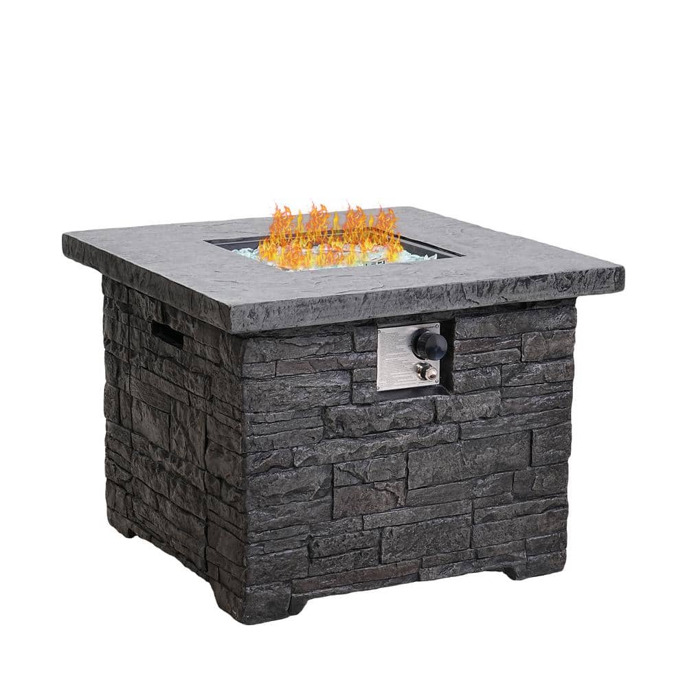 32 in. Black Square Imitation Stone Fire Pit Table for Deck, Garden ...