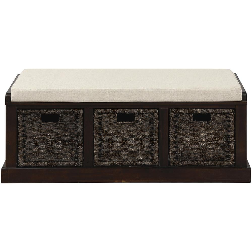 Qualler Brown Rustic Storage Bench with 3-Removable Rattan Basket and ...