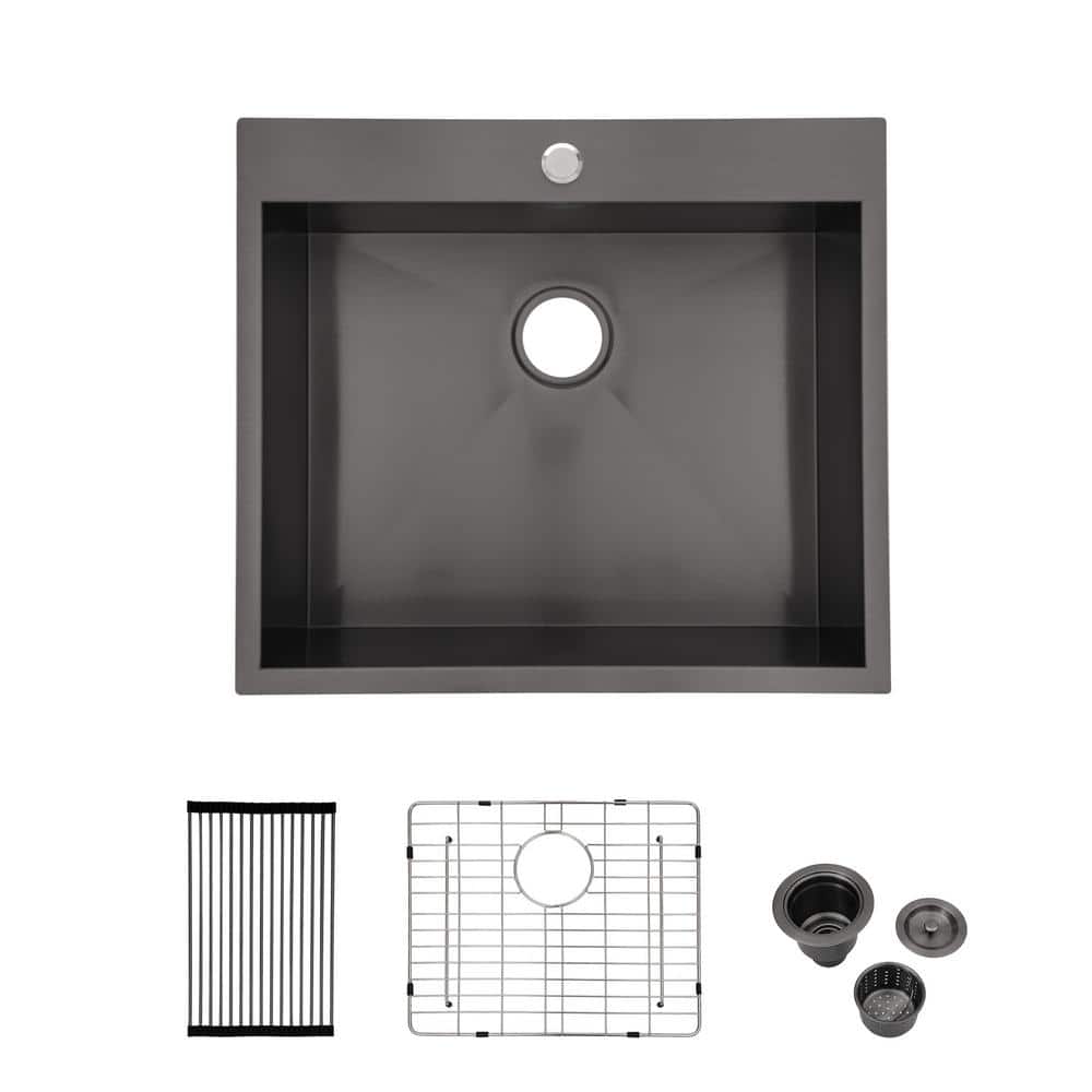 HBEZON Black 18-Gauge Stainless Steel 25 in. Single Bowl Drop-in ...