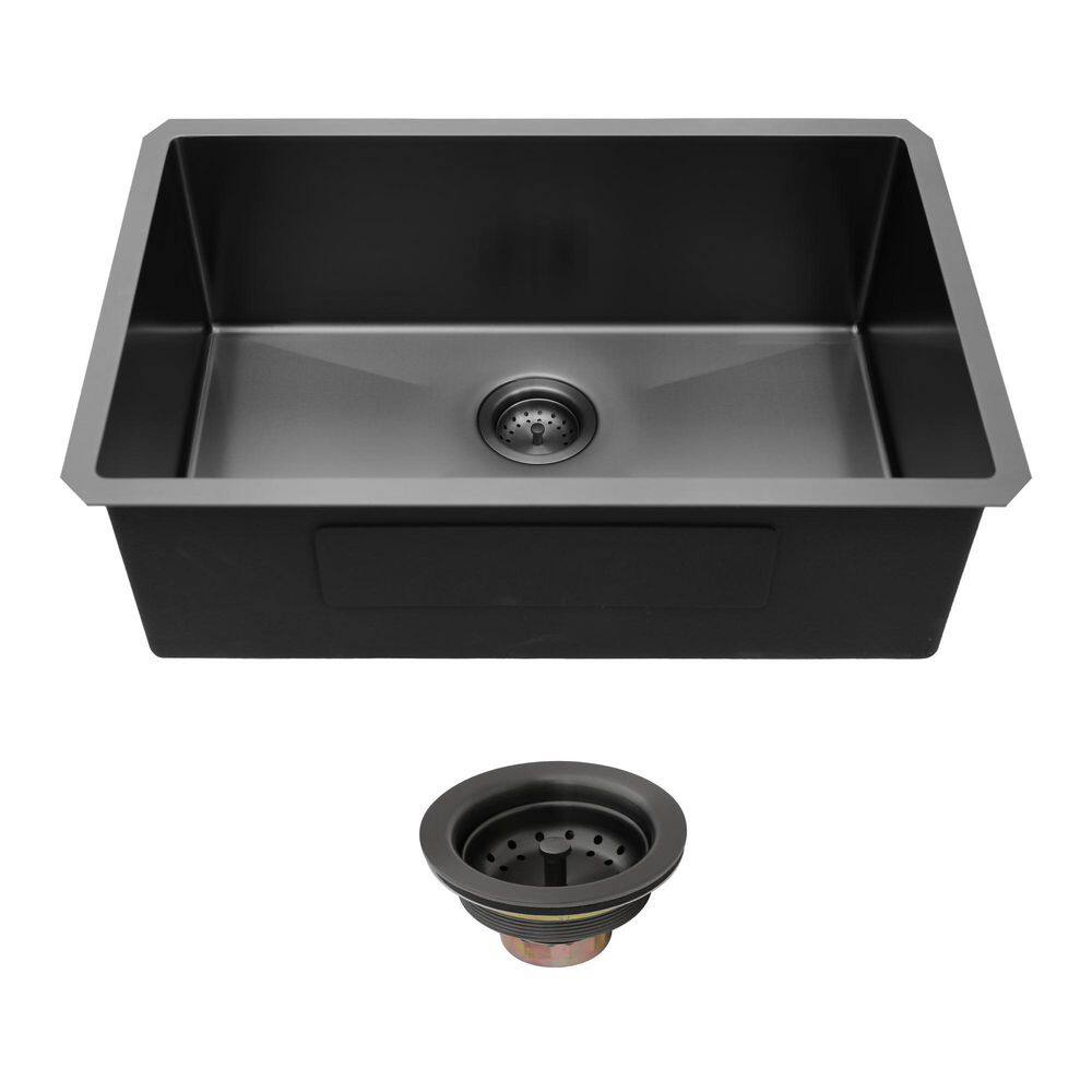 LuckByte 16 Gauge Gunmetal Black Stainless Steel 33 in. Undermount Bar ...
