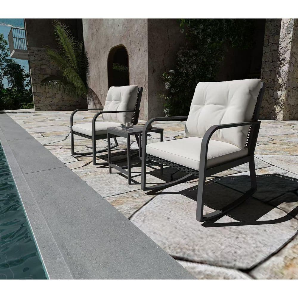 Black Metal Wicker 3-Piece Outdoor Rocking Chair Set with Beige ...