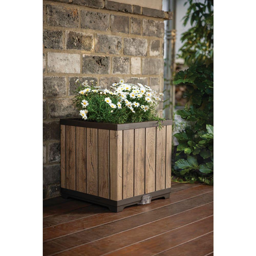 Keter 18 in. Deco Modern Outdoor Brown Resin Cube Self Watering Planter ...