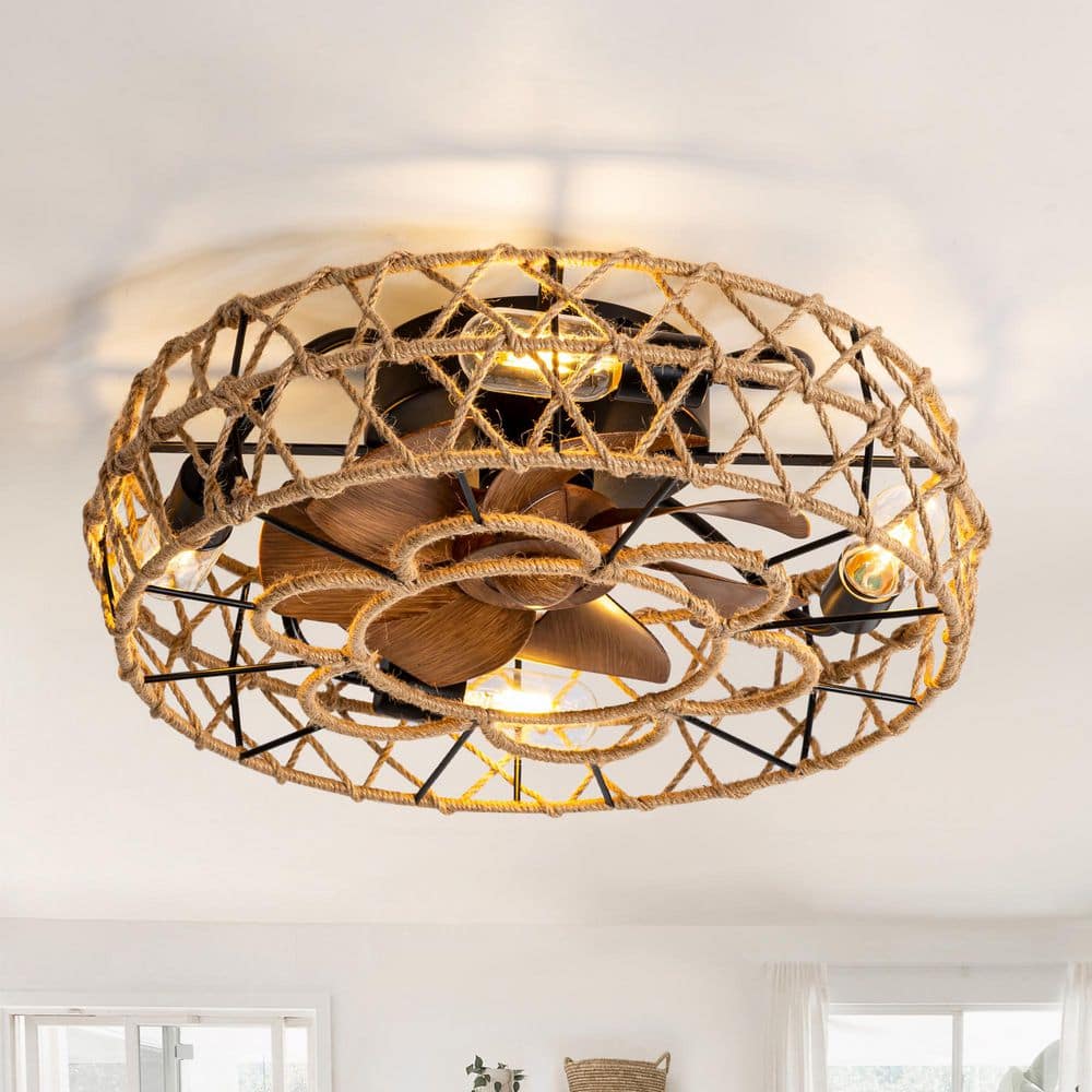 Breezary 19 in. Indoor Brown Caged Boho Ceiling Fan with Hemp Rope ...