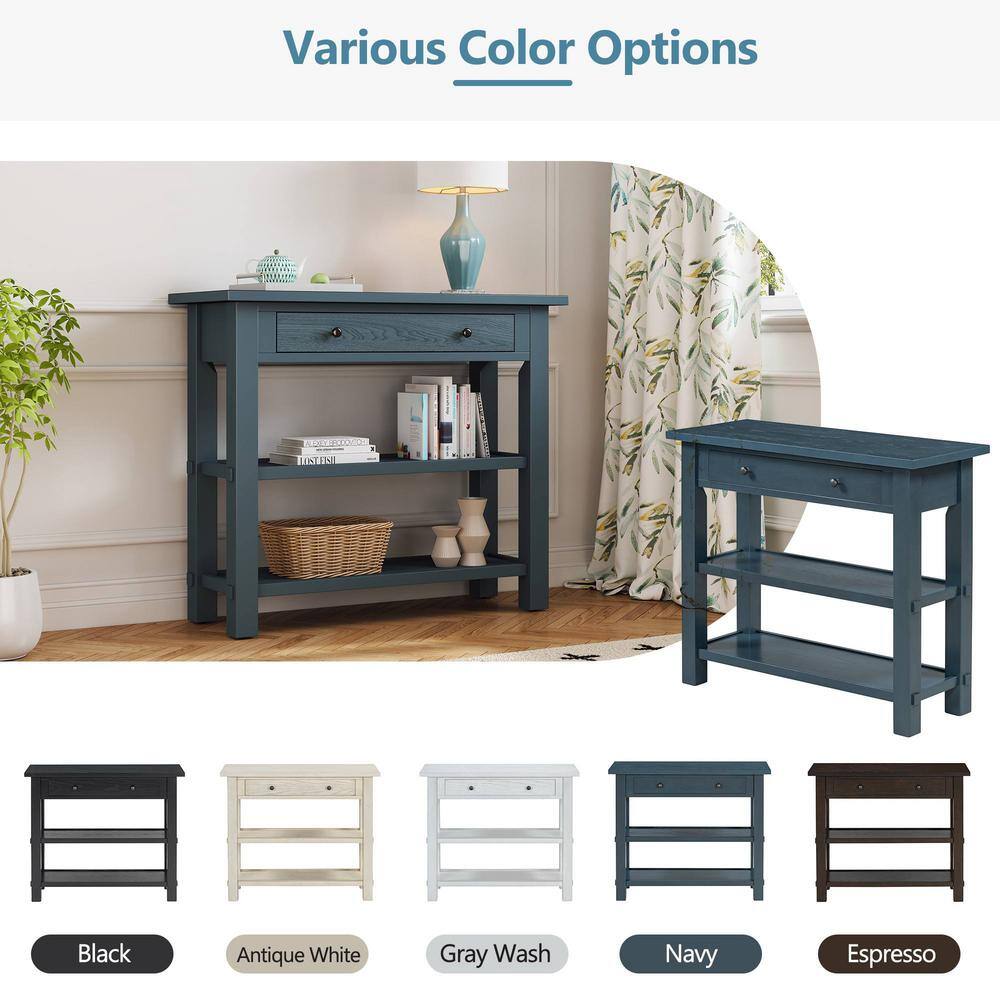 Polibi 36 in. Navy Rectangle Wood Console Table with Drawer and 2 ...