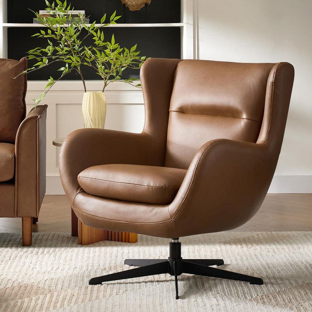 JAYDEN CREATION Fable Camel Faux Leather Swivel Wingback Armchair with ...
