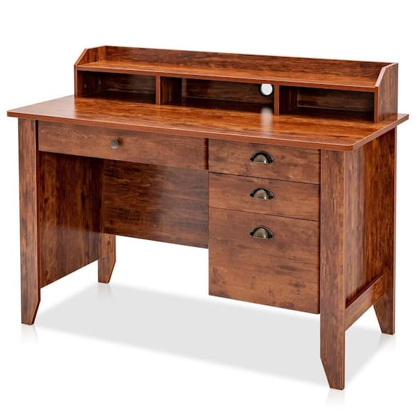 Costway 48 in. Brown Rectangular White Wood 4-Drawer Computer Desk PC ...