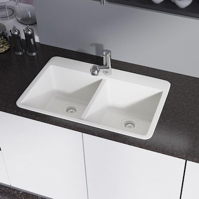 Rene Ivory Granite Quartz 33 in. Double Bowl Undermount Kitchen Sink ...
