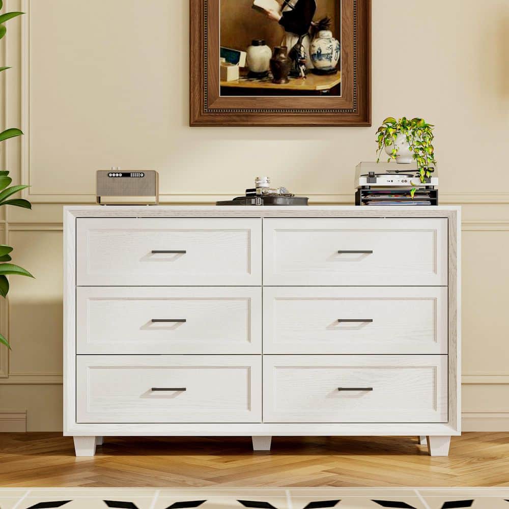 FUFU&GAGA Modern White 55 in. Wide 6-Drawer Chest of Drawers with Metal ...