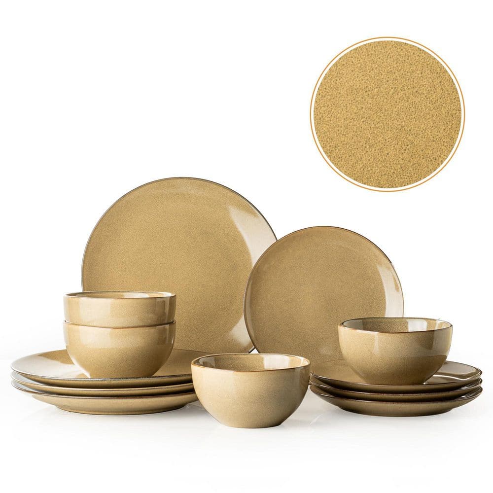 Wudkey 12 Pieces Modern Yellow Ceramic Dinnerware Set for 4, Plates and ...