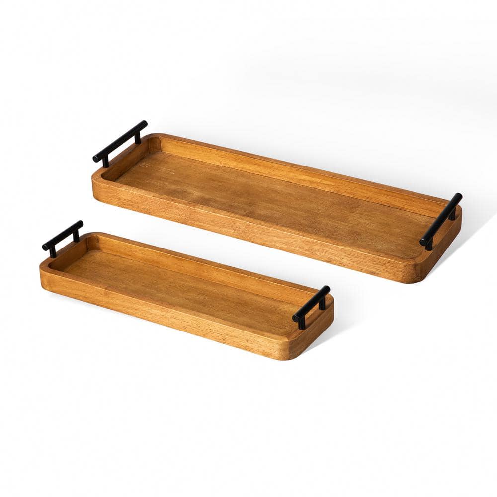 Glitzhome Rectangle Brown Acacia Wood Trays with Metal Handles (Set of ...