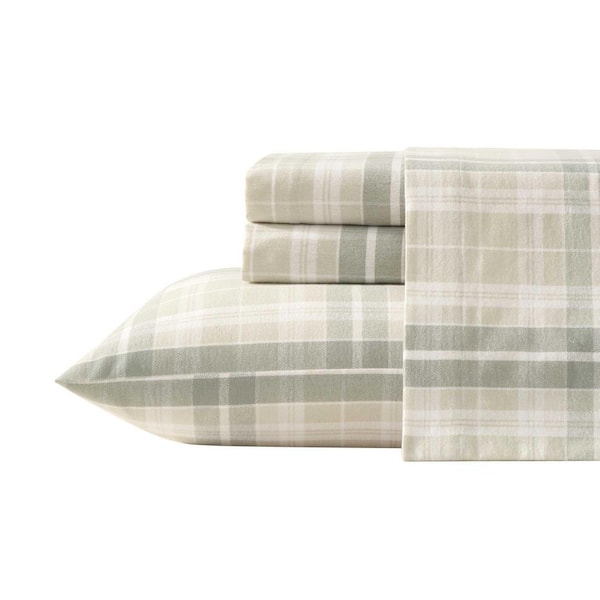 Laura Ashley Mulholland Plaid 4-Piece Green/Cream Flannel Cotton Queen ...