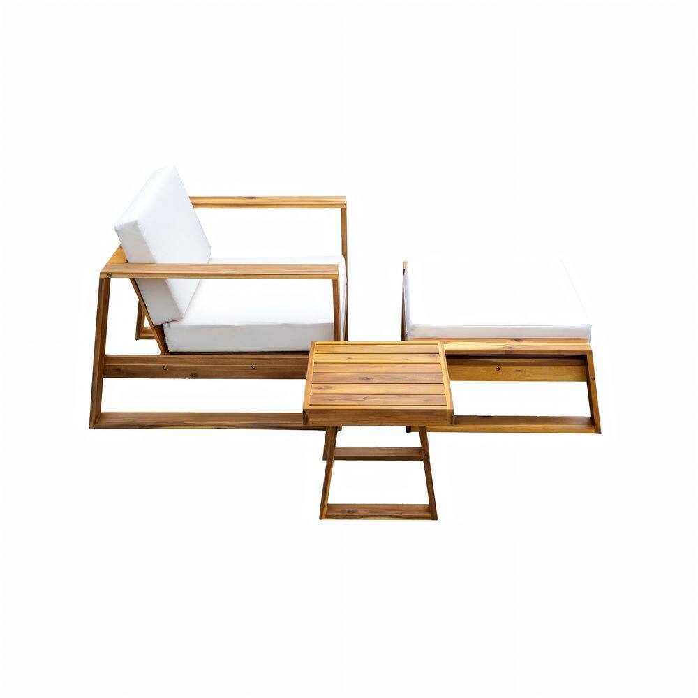 Natural Wood Outdoor Lounge Chair Set with Beige Cushions, Ottoman ...