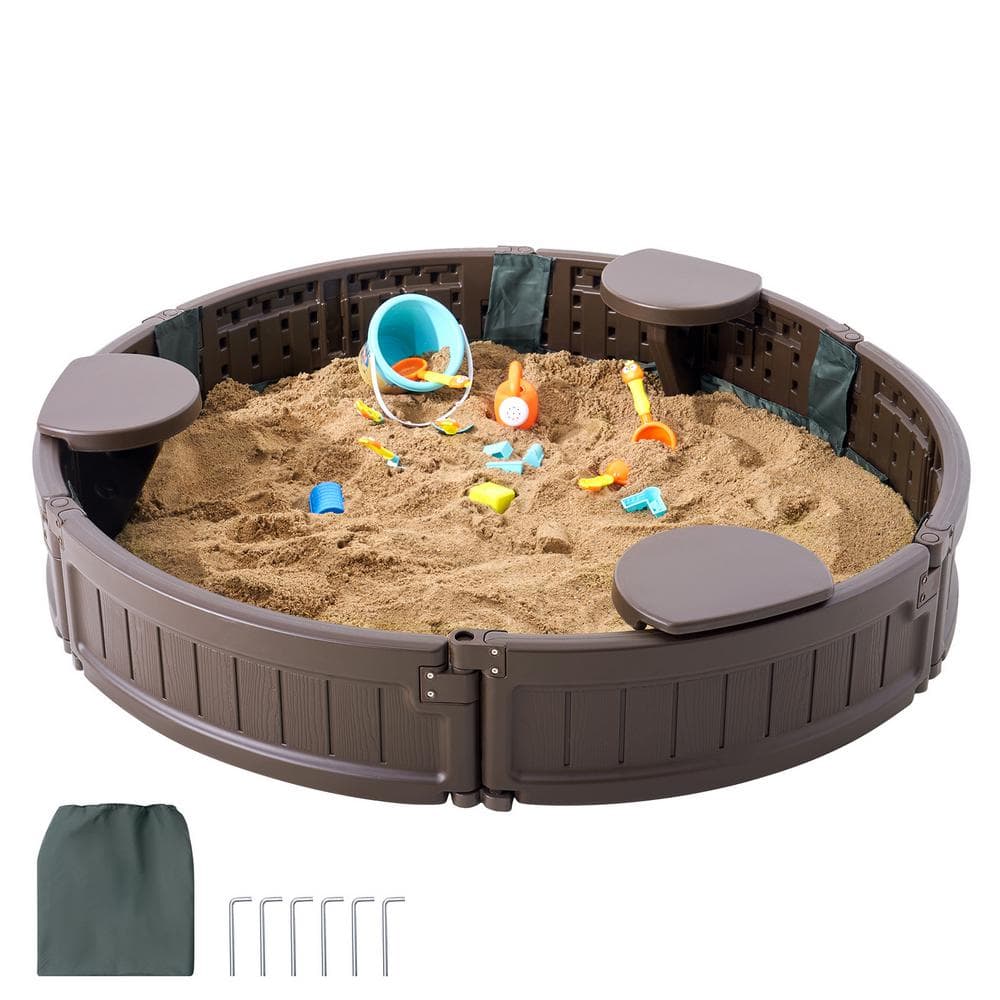 SVOPES Sandbox, 4 ft. W x 4 ft. L, Round Sand Pit, HDPE with 3 Corner Seats, Bottom Liner, Play ...