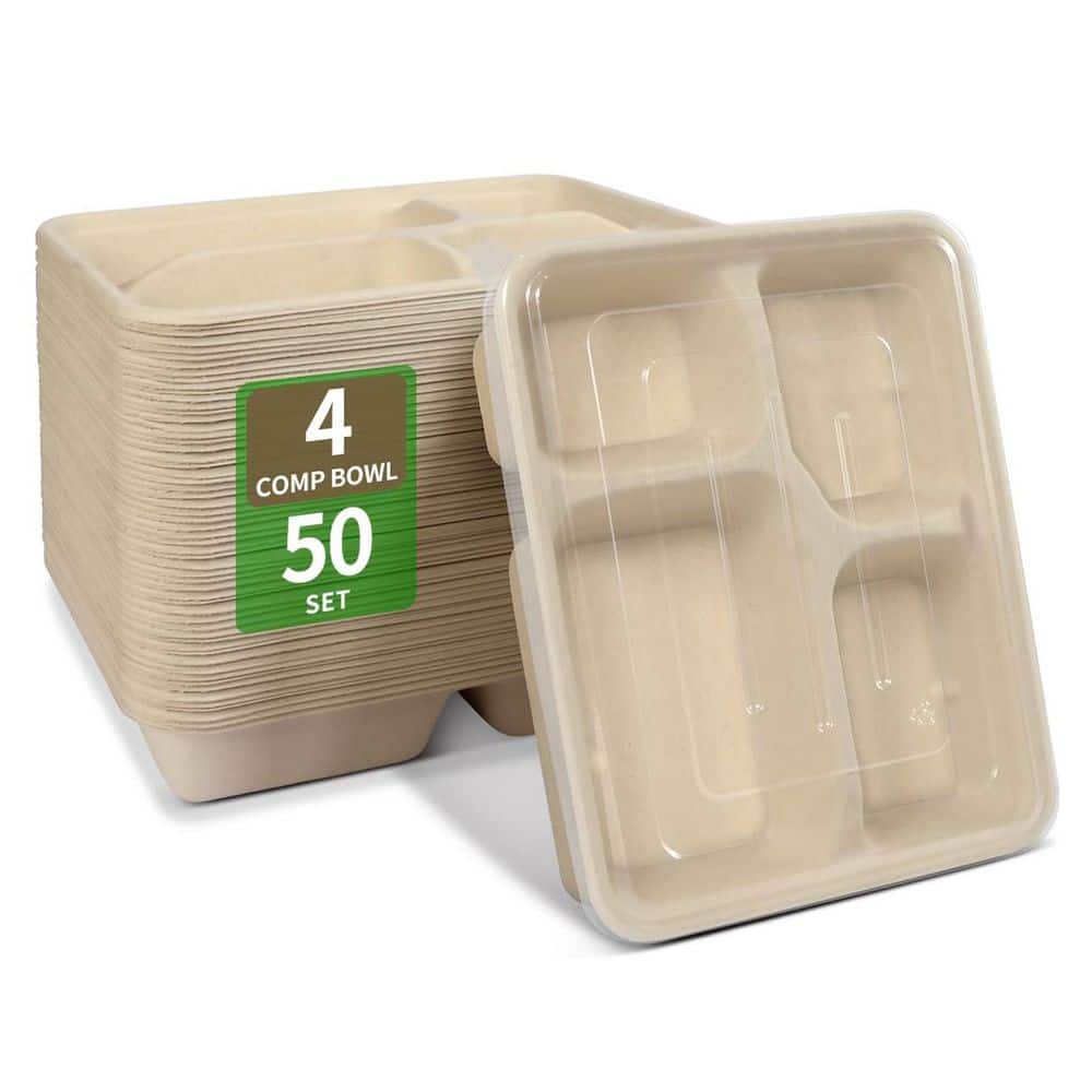 Anqtovp Sugarcane Fiber Pulp 4 Compartment Disposable Bowl with Lids ...