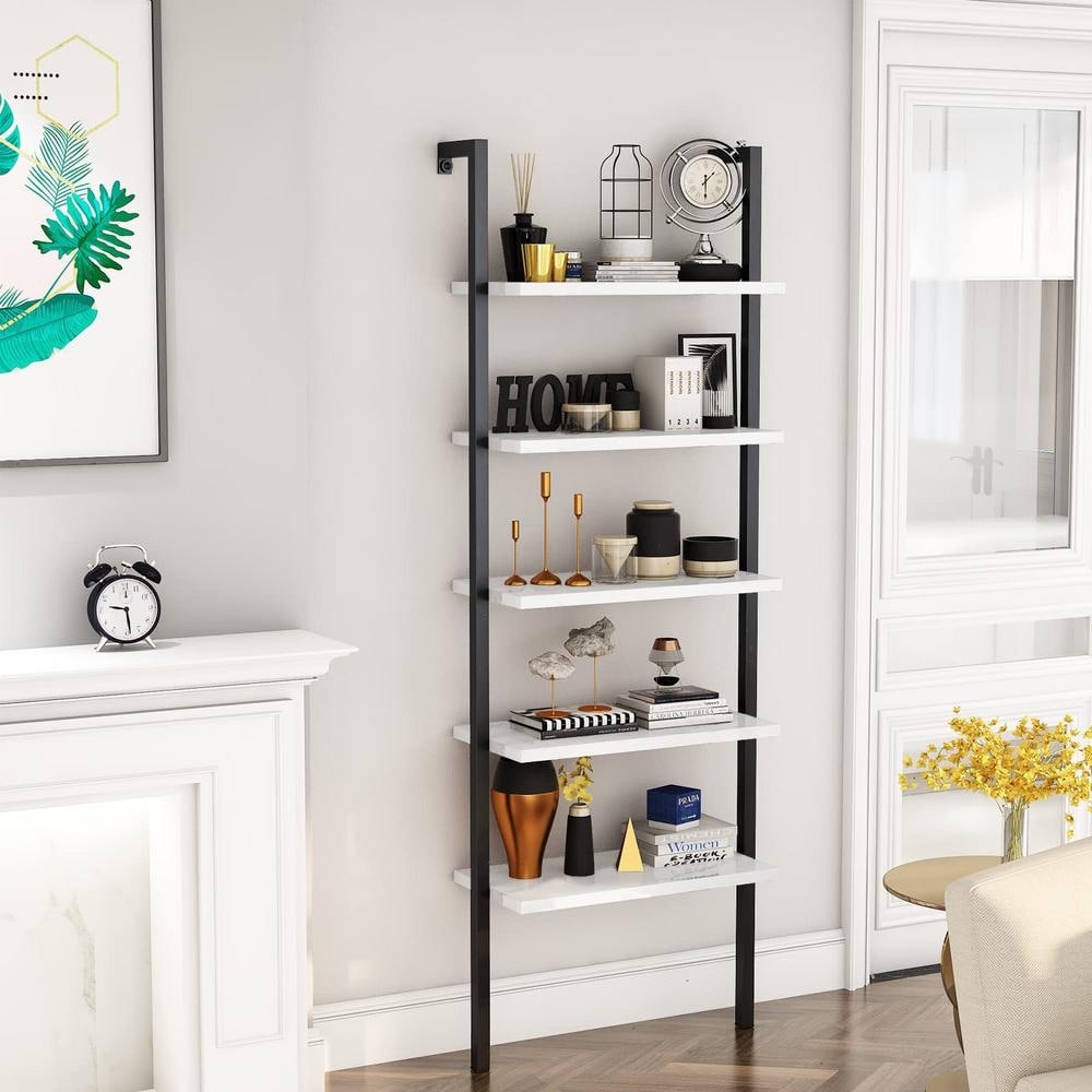 5-Shelf Wood Pantry Organizer, Industrial Ladder Shelf with Stable ...