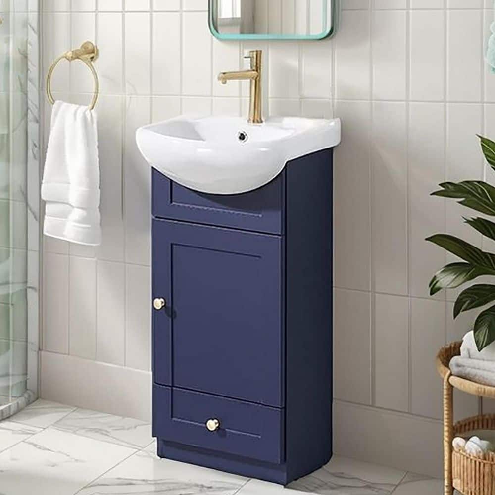 Comllen 18 in. W Single Bath Vanity in Blue with White Ceramic Top and ...