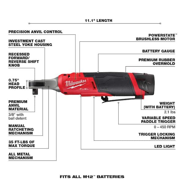 Milwaukee 2567-22-2566-20 M12 FUEL 12V Li-Ion Brushless Cordless High Speed 3/8 In. Ratchet And ...