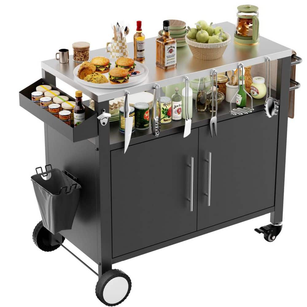 Black Outdoor Grill Cart BBQ Prep Table with Storage Cabinet, Spice ...
