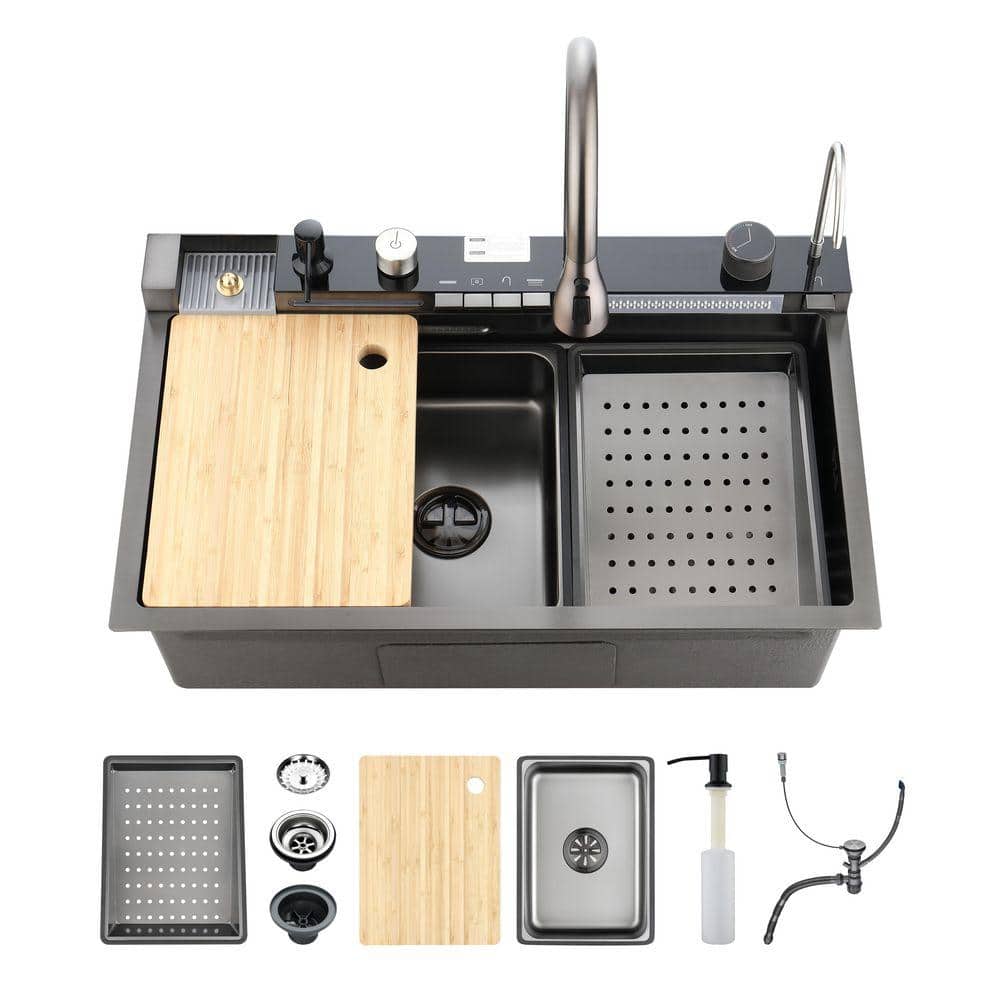 Modland 30 in. Drop-In Black Stainless Steel Smart Workstation Kitchen ...
