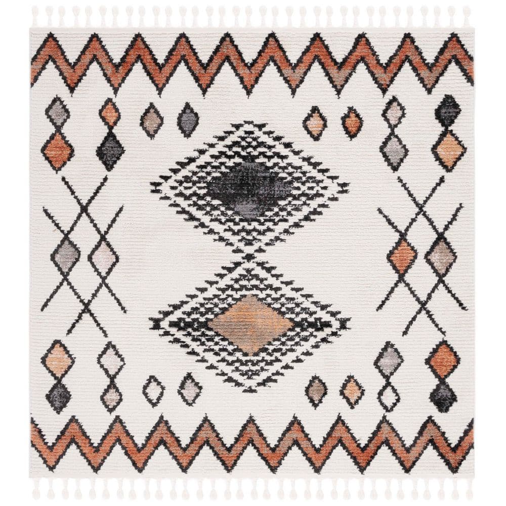 SAFAVIEH Moroccan Tassel 7 ft. x 7 ft. Ivory/Orange Aztec Tassel Square ...